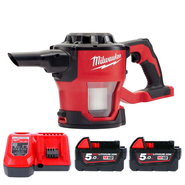 Milwaukee M18CV 18V M18 Cordless Compact Hand Vacuum With 2 x 5.0Ah Batteries Charger buy Online at UK Planet Tools shop