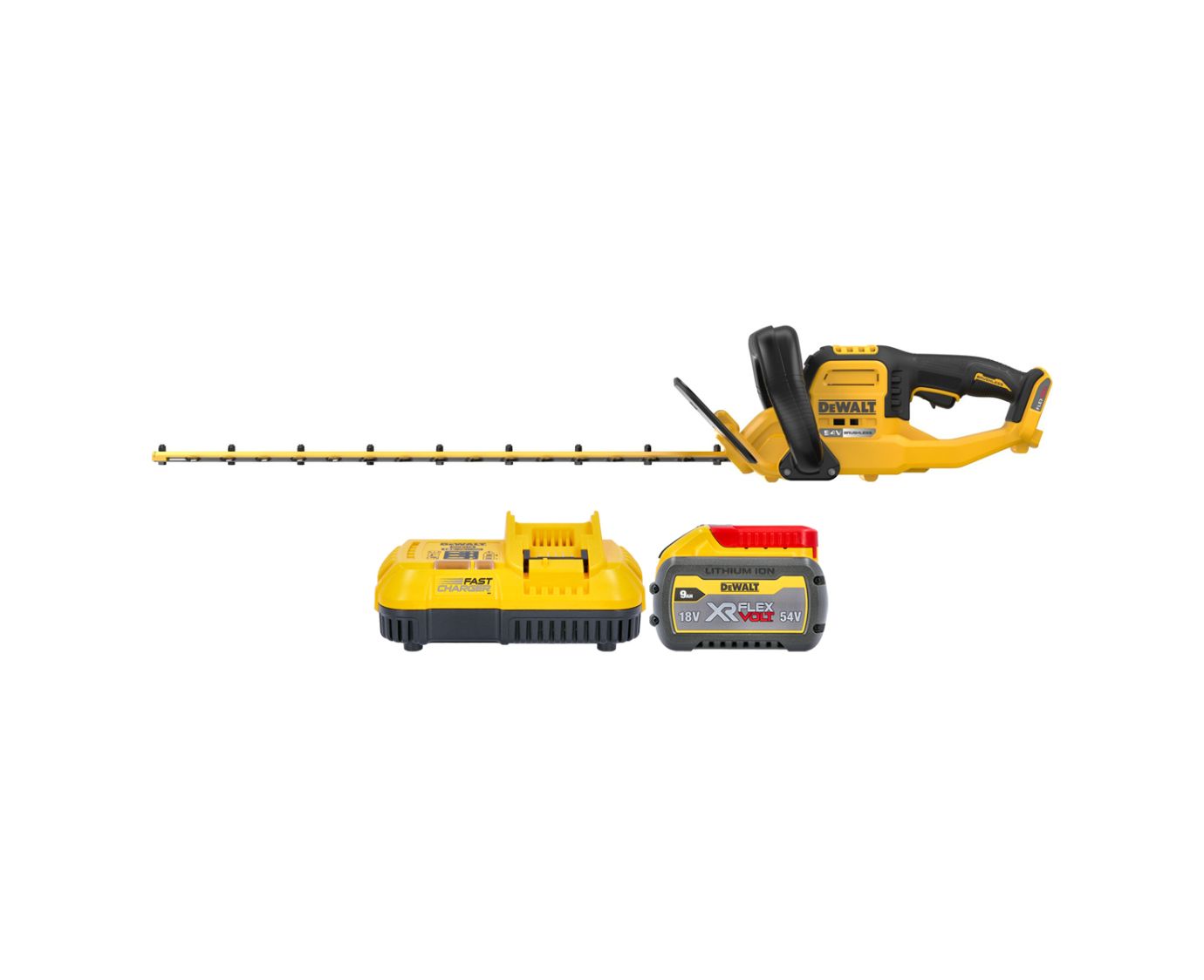 Dewalt DCMHT573X1 54V XR FLEXVOLT 65cm Cordless Brushless Hedge Trimmer With 1 x 9.0Ah Battery Charger