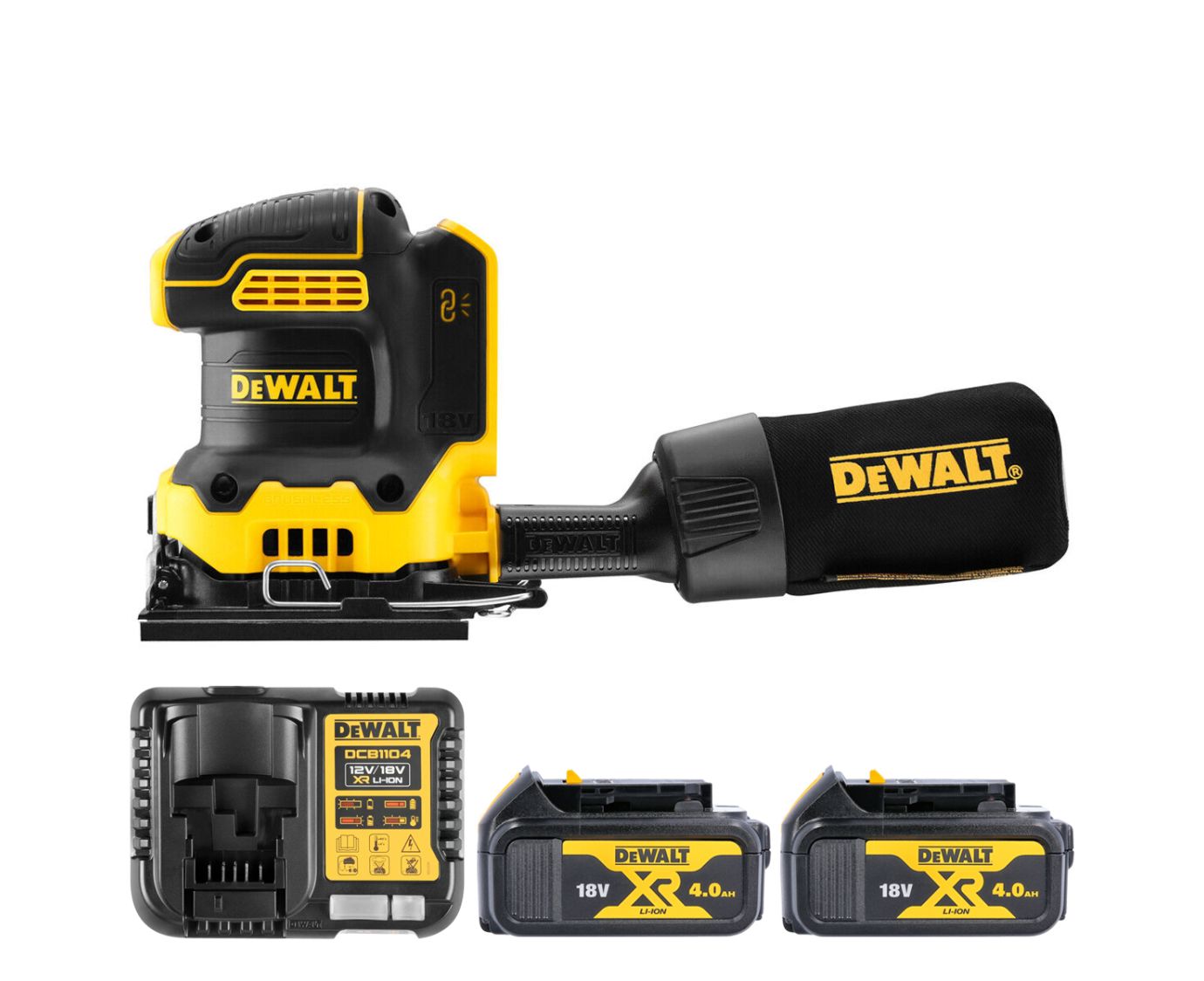 DeWalt DCW200 18V XR Brushless 1 4 Sheet Palm Sander With 2 x 4.0Ah Batteries Charger buy Online at UK Planet Tools shop